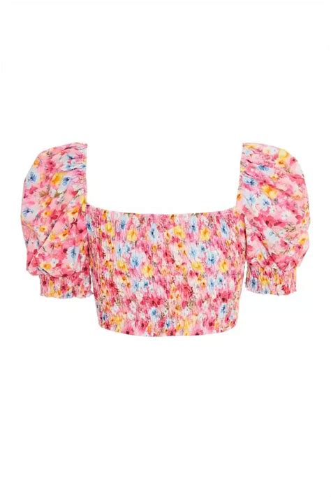 Pink Floral Shirred Crop Top Quiz Clothing