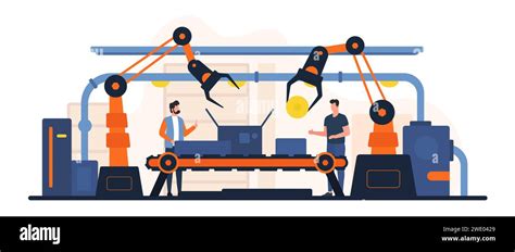 Assembly Production Process On Automatic Smart Conveyor Using Robotic Arms Engineers And Male