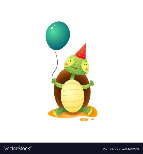 Cute Kawaii Turtle In Birthday Hat Holding Balloon