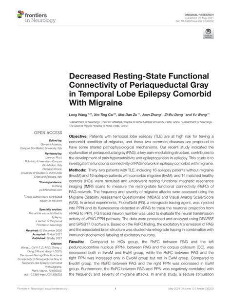 Pdf Decreased Resting State Functional Connectivity Of Periaqueductal Gray In Temporal Lobe