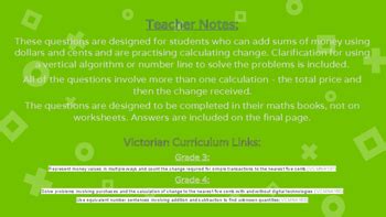 Calculating Change Word Problems Grade 3 4 AUSVELs And Victorian Curriculum