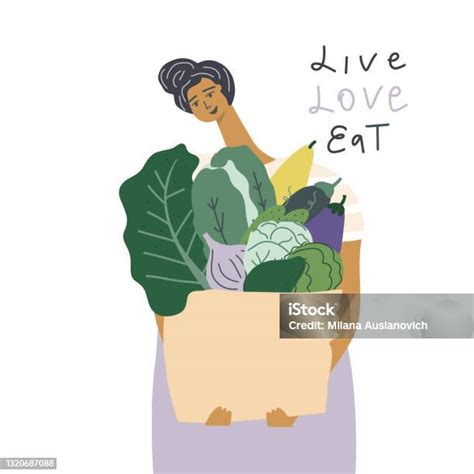 야채 가방을 가진 벡터 여자 천연 유기농 및 채식 식품 마음 챙김 먹기 개념 마음 챙김에 대한 스톡 벡터 아트 및 기타 이미지 마음 챙김 벡터 개념 Istock