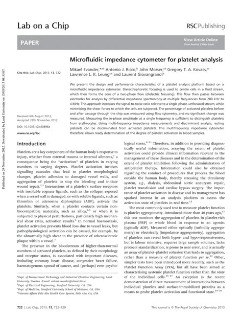 Pdf Microfluidic Impedance Cytometer For Platelet Analysis