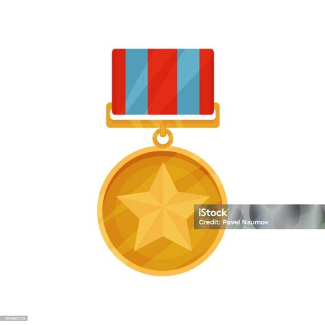 스타 센터에 빨강파랑 리본 둥근 모양에 황금 메달 용기에 대 한 빛나는 보너스 평면 벡터 아이콘 아이콘에 대한 스톡 벡터 아트