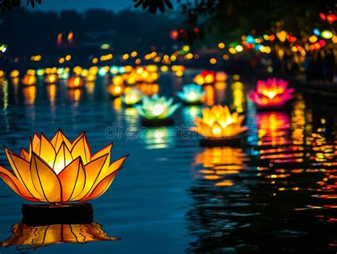 A Group Of Floating Lanterns Floating On Top Of A Body Of Water Stock Image Image Of Horizon