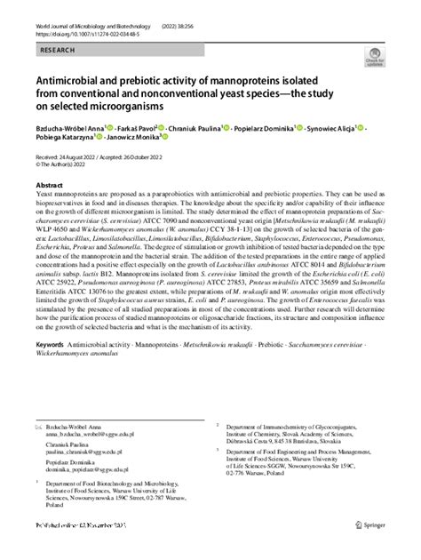 Pdf Antimicrobial And Prebiotic Activity Of Mannoproteins Isolated From Conventional And