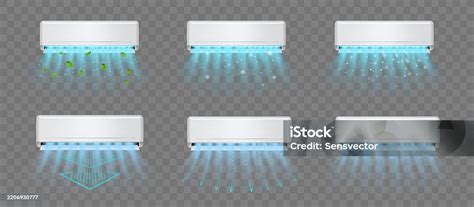 신선한 차가운 공기 바람이 부는 에어컨 가전 제품의 고립 된 세트 집에 대한 벡터 현실적인 정수기 컨디셔닝 효과 냉각 및 냉각 온도 실내 온도 조절 바람에 대한 스톡 벡터