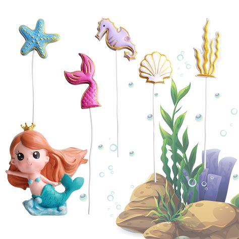 Ercadio 6 Pack Resin 3d Mermaid Inspired Cake Topper Figurine With 2d