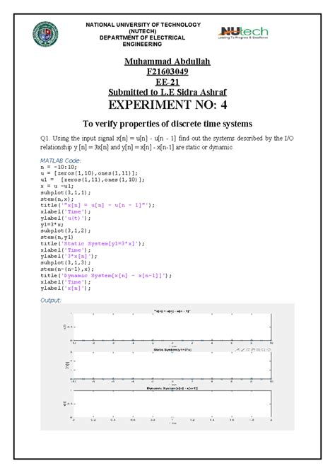 DSP Lab To Verify Properties Of Discrete Time Systems NATIONAL UNIVERSITY OF TECHNOLOGY