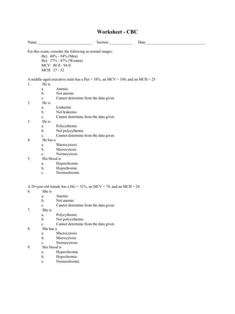 Worksheet 2 Cbc Clinical Examples Pdf Anemia Vitamin B12