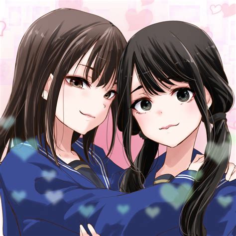 Safebooru 2girls Arm Around Shoulder Black Eyes Black Hair Blue