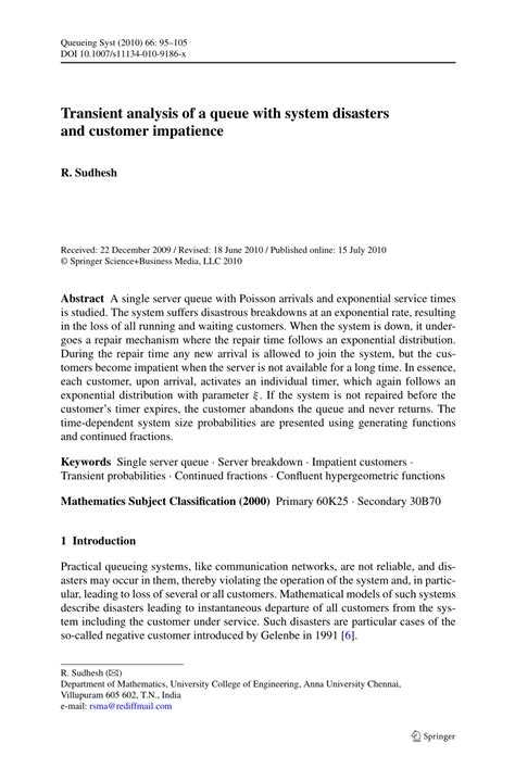 Pdf Transient Analysis Of A Queue With System Disasters And Customer