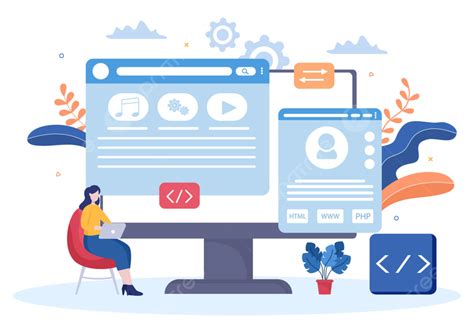 Gambar Pengembangan Perangkat Lunak Dan Kode Pemrograman Pada Ilustrasi Vektor Komputer Untuk
