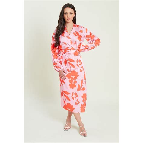 Be You Long Sleeve Satin Tie Wrap Midi Dress Maxi Dresses