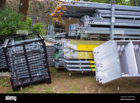 Scaffolding Poles And Brackets Stacked In A Yard Japanese Frame