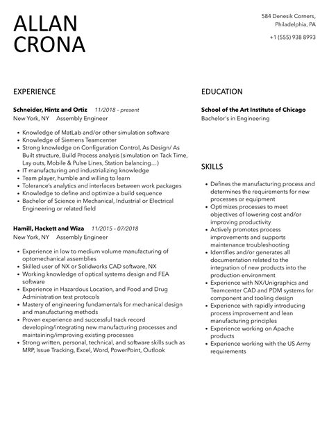 Assembly Engineer Resume Samples Velvet Jobs