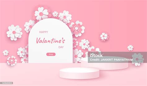 3d 꽃과 스탠드 또는 연단 디스플레이가 있는 분홍색 배경은 제품 프레젠테이션 브랜딩 포장 및 판촉을 위한 것입니다 벡터 일러스트레이션 디자인 강단에 대한 스톡 벡터 아트