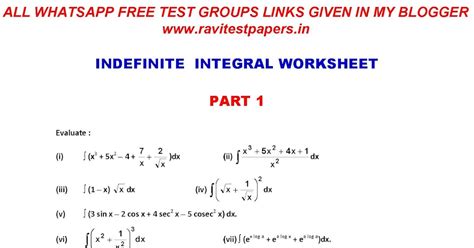 Free Test Papers Maths Indefinite Integral Worksheet With Solved