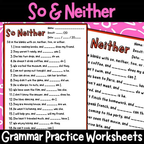 So Neither Too And Either Worksheets Agreement In English Grammar