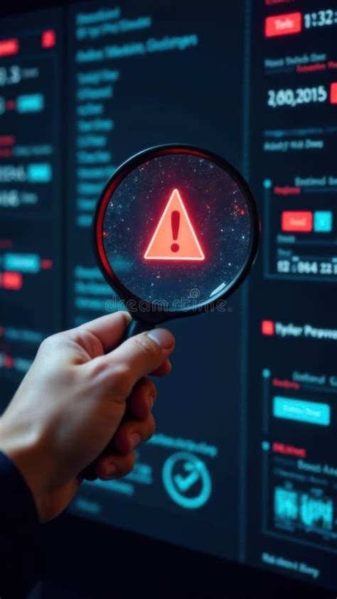Magnifying Glass Highlighting Warning Symbol On Digital Screen Displaying Data And Statistics