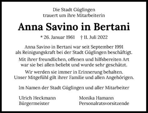 Traueranzeigen Von Anna Savino In Bertani Trauerundgedenken De