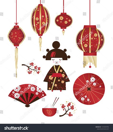 Set Japanese Traditional Objects Icons Sakura Stock Vector Royalty