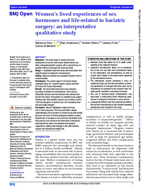 Pdf Womens Lived Experiences Of Sex Hormones And Life Related To Bariatric Surgery An