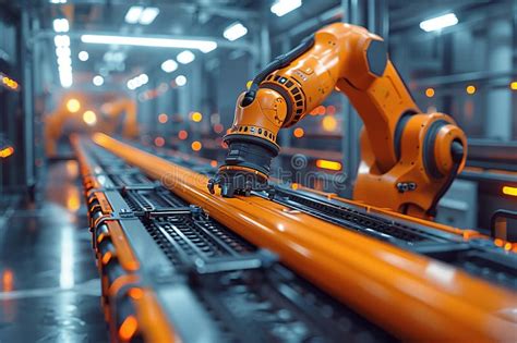 Industrial Manufacturing Robots Working In A Factory Assembly Line