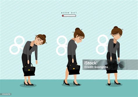 소진 여성 사무실 노동자와 증후군 개념 그림을 태워 좌절 노동자 정신 건강 문제 플랫 스타일의 벡터 일러스트레이션 가방에 대한