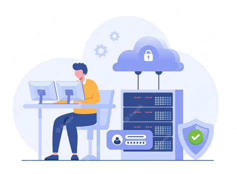 데이터 서버 개념 스토리지 기술 클라우드 시스템 데이터베이스 사람 장면의 템플릿 웹 사이트 폴더 데이터 센터에 대한 플랫 디자인의 문자 활동이 있는 벡터 그림 프리미엄 벡터