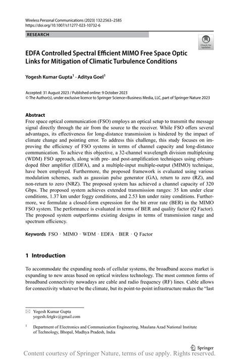 Edfa Controlled Spectral Efficient Mimo Free Space Optic Links For Mitigation Of Climatic