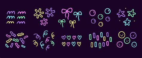Cute Neon Decorative Design Elements Abstract Squiggles Of Different Shapes Stars Hearts
