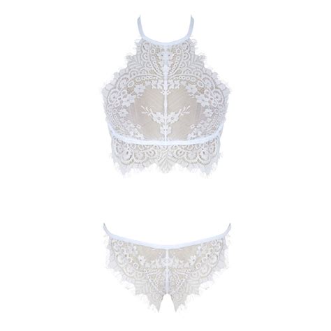 Sexy White See Through Halter Floral Lace Bra Top And Panty Lingerie