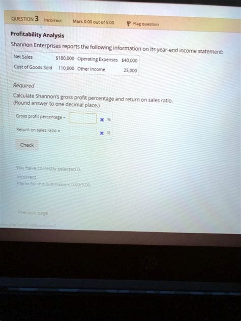 Question 3incorrect Mark 000 Out Of 500 Flag Question Profitability