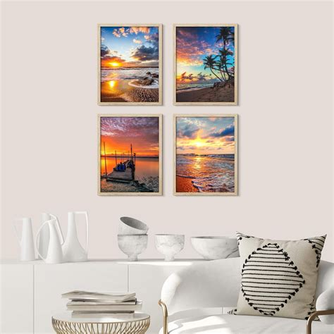 Pixonsign Framed Wall Art Vibrant Sunset Tropical Ocean Beach Horizons