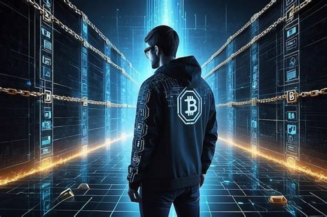 blockchain technology concept with a chain of encrypted blocks and person in background fintech