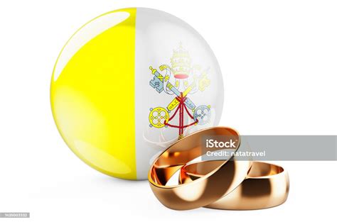 바티칸 개념의 결혼식 바티칸 국기가 있는 결혼 반지 3d 렌더링 2명에 대한 스톡 사진 및 기타 이미지 2명 3차원 형태 개념 Istock