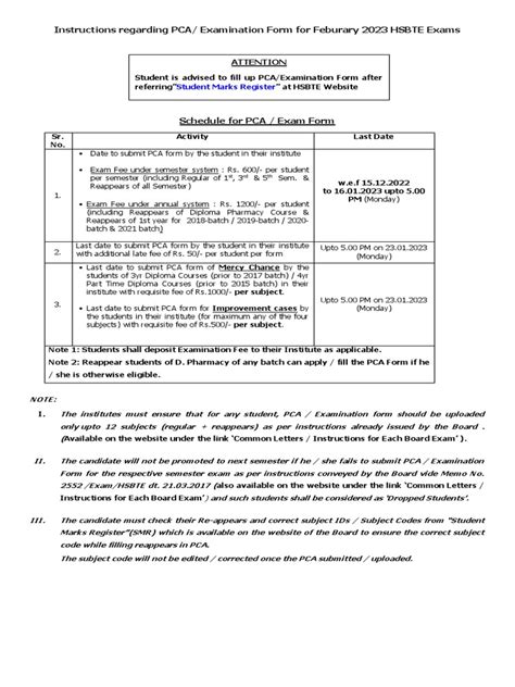 Instructions Regarding Pca Examination Form Feb 2023 Pdf Test