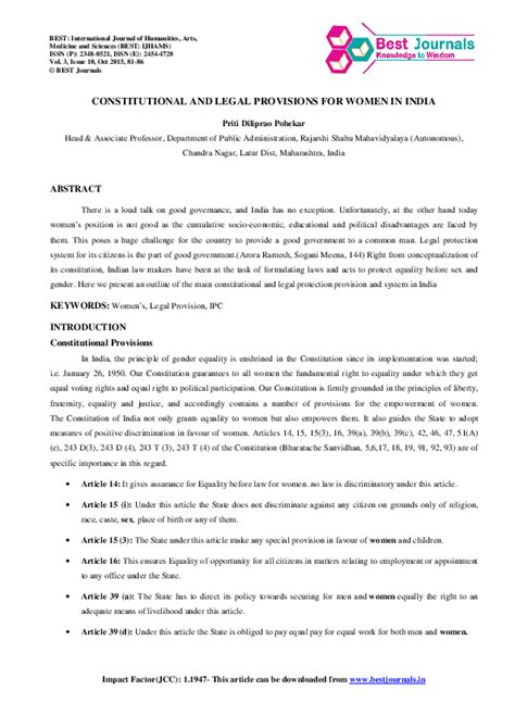 Pdf Constitutional And Legal Provisions For Women In India