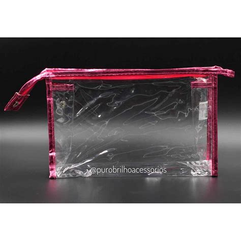 Necessaire Transparente Borda Metálica Zíper Diamante Rosa Puro