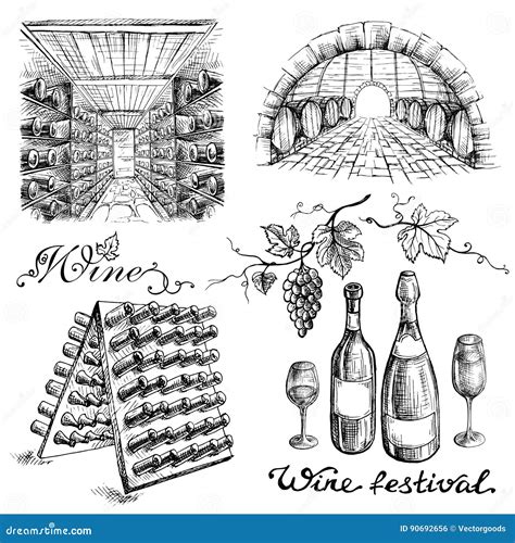 Set Of Wine Bottles And Barrels In Winery Or Cellar Stock Vector