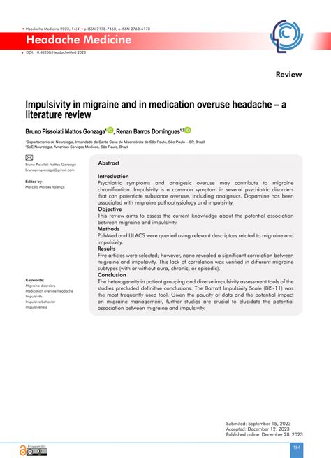 Pdf Impulsivity In Migraine And In Medication Overuse Headache A