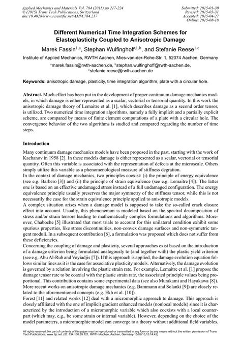 Pdf Different Numerical Time Integration Schemes For Elastoplasticity Coupled To Anisotropic