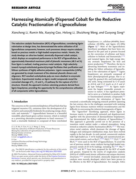 Pdf Harnessing Atomically Dispersed Cobalt For The Reductive Catalytic Fractionation Of