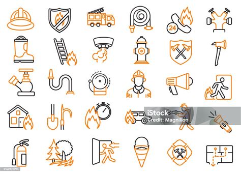 소방 및 응급 장비 아이콘은 헬멧 호스 소화전 등을 가진 검은 색과 주황색으로 설정 편집 가능한 스트로크 벡터 일러스트 레이 션 불에 대한 스톡 벡터 아트 및 기타 이미지