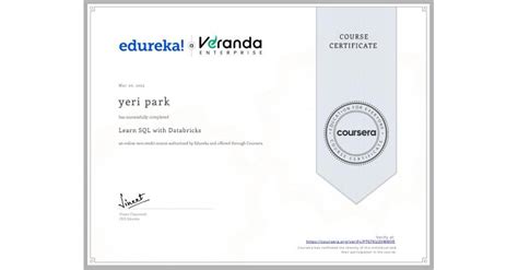 Completion Certificate For Learn Sql With Databricks Yeri Park