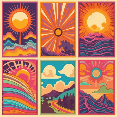 Collection Of Bright Groovy Posters 70s Retro Poster With Psychedelic