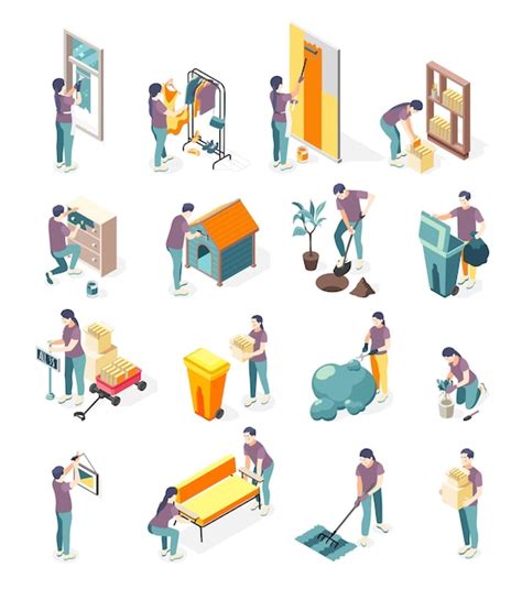 Lente Renovatie Isometrische Kleur Iconen Set Van Mensen Die Werken In