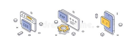 isometric line icons representing web development concepts in modern design style stock vector