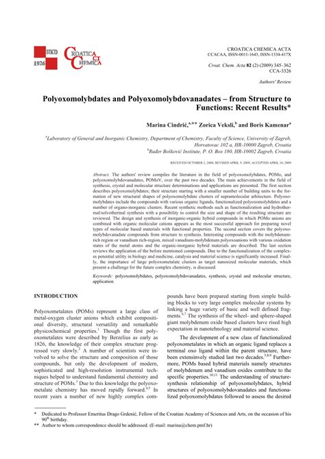 Pdf Polyoxomolybdates And Polyoxomolybdovanadates From Structure To Functions Recent Results